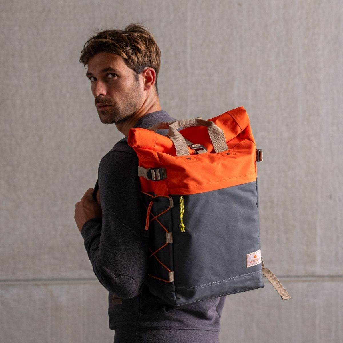 Backpack 100% recycled polyester roll-top - orange and grey blue ...